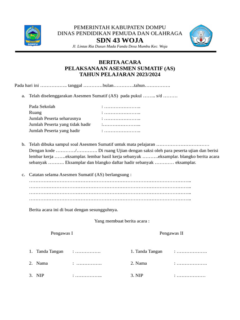 Berita Acara Pelaksanaan Ujian Sekolah | PDF