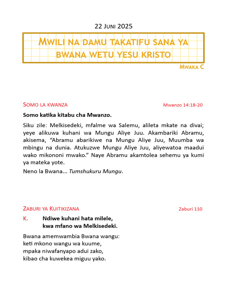 Mwili Na Damu Yesu Kristo - C | PDF