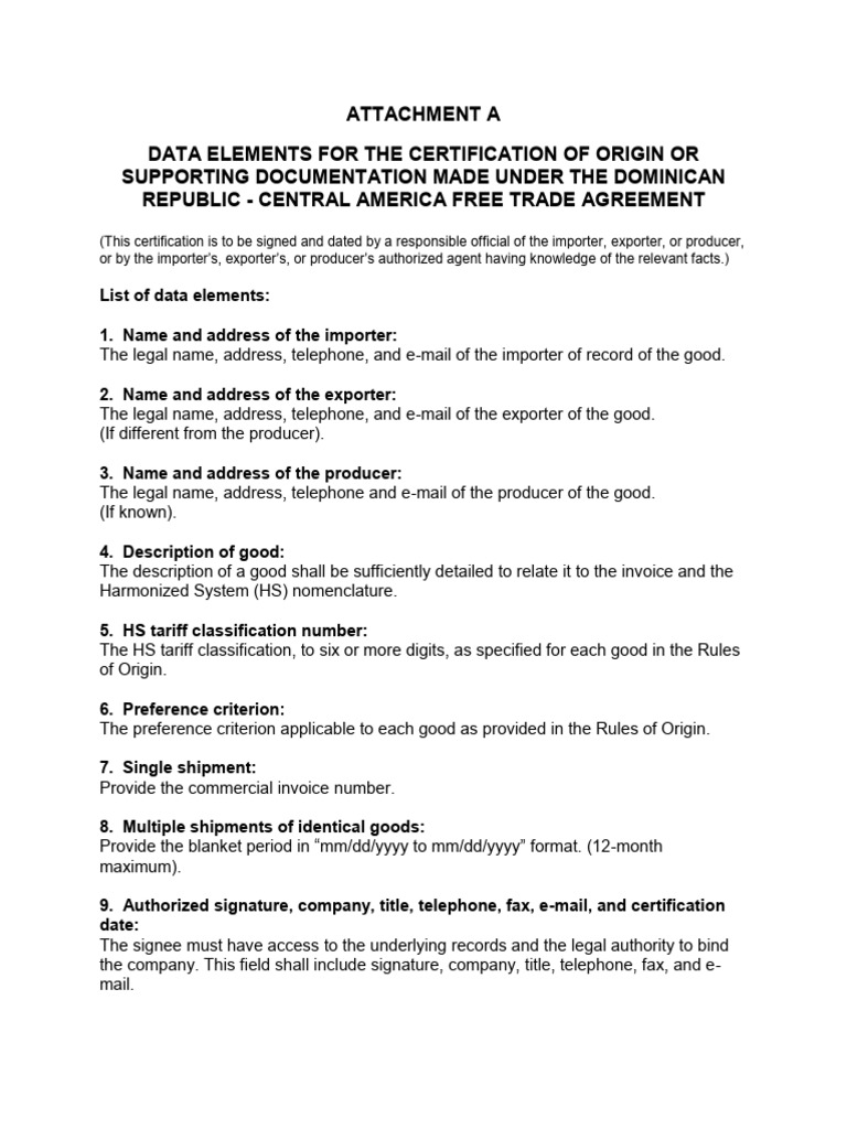 CAFTA Certificate of Origin Guidelines | PDF