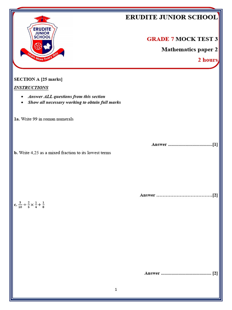 Grade 7 Maths Mock Test 3 | PDF | Elementary Mathematics