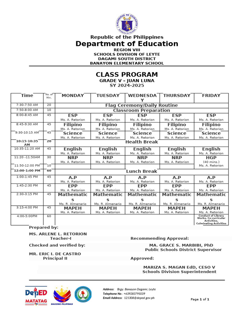 Grade V Class Program SY 2024-2025 | PDF | Philippines | Public ...