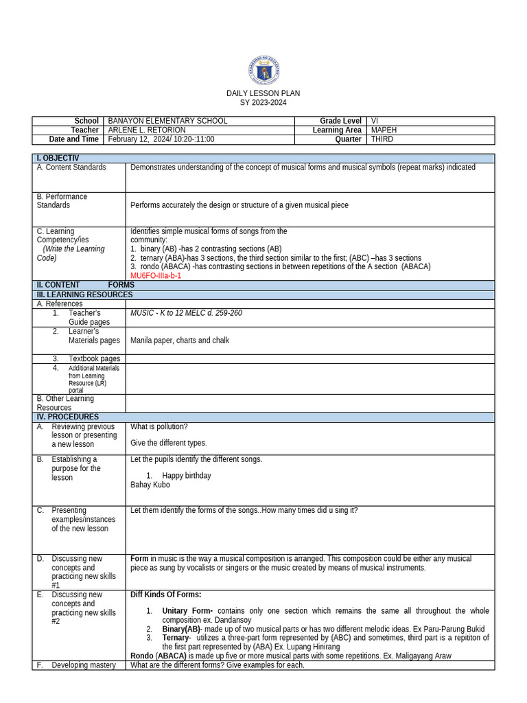 Grade VI MAPEH Daily Lesson Plan | PDF | Musical Forms | Learning