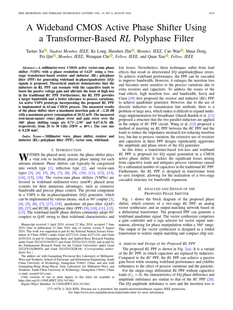 A Wideband CMOS Active Phase Shifter Using a Transformer-Based RL ...