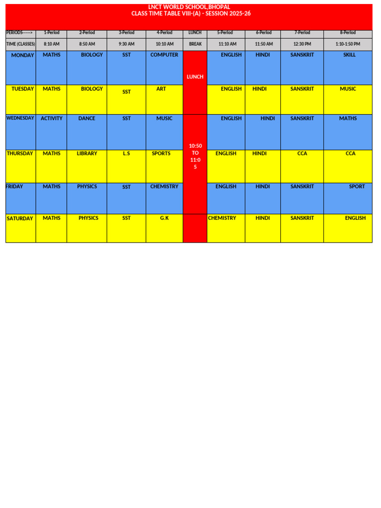 Class Time Table Class 8 | PDF