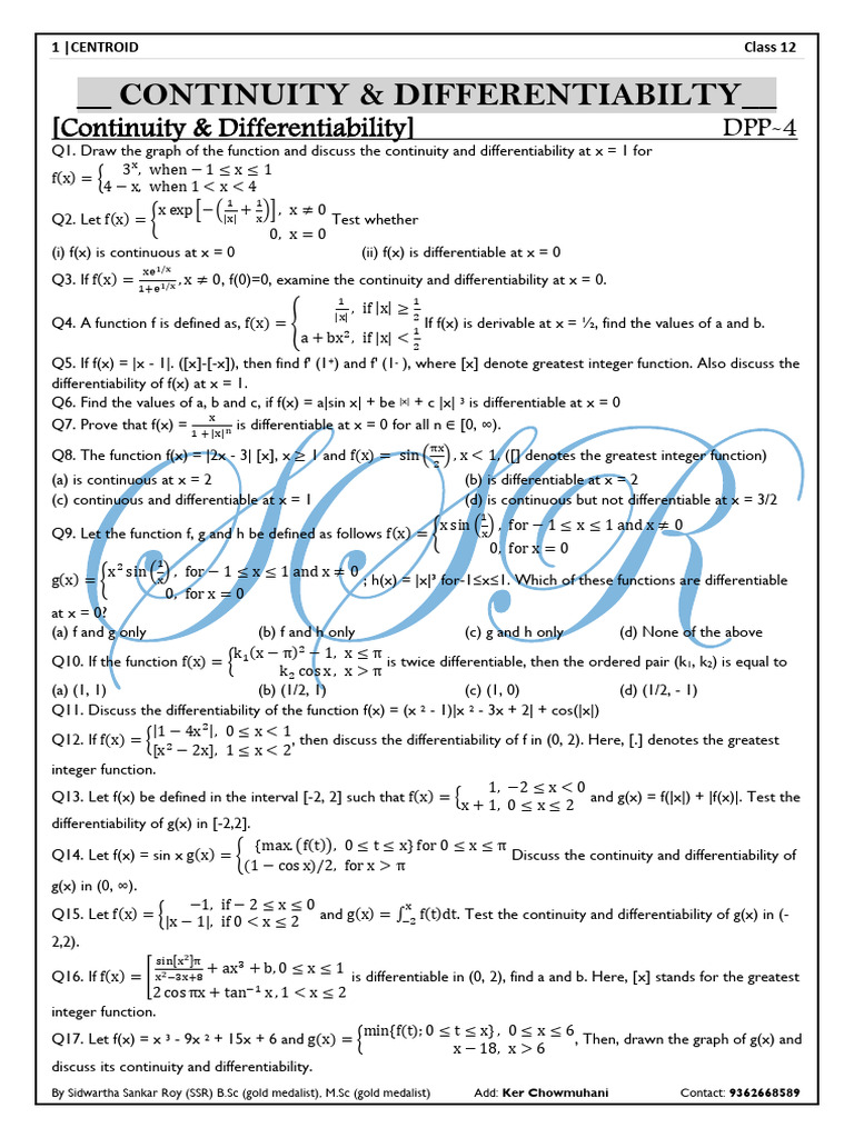 Continuity & Differentiabilty - Class 12 - DPP 4 | PDF | Mathematical Relations | Mathematical ...