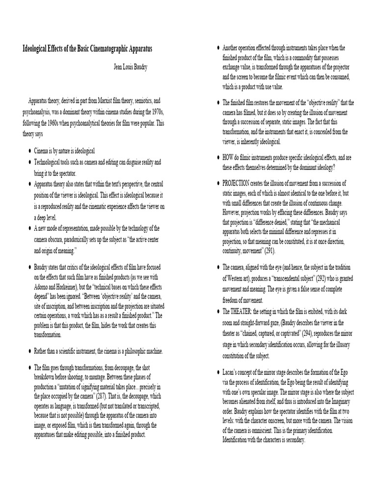 Ideological Effects of Cinematic Apparatus | PDF | Film Theory