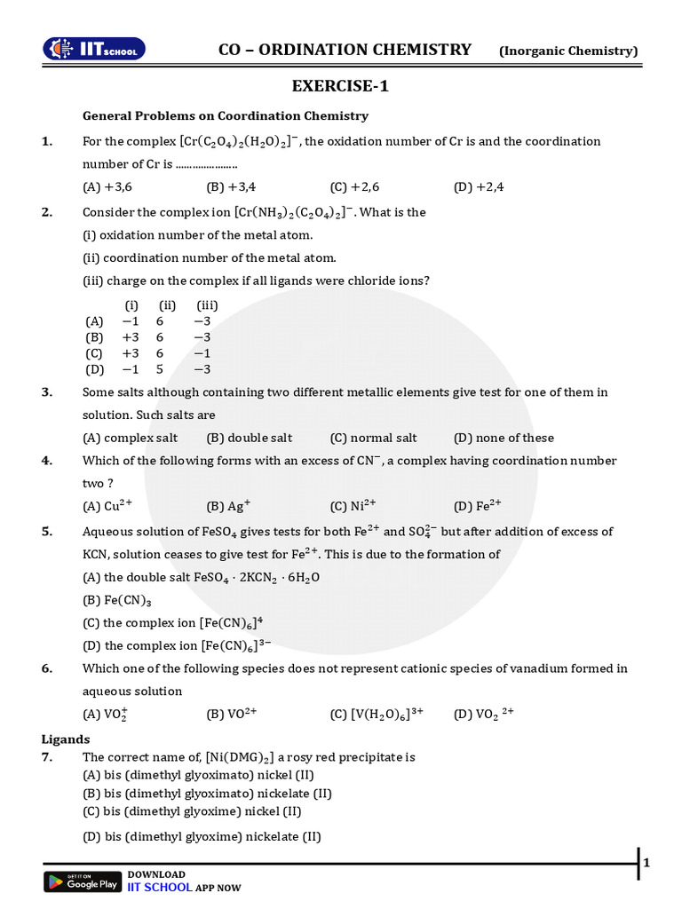 Sheet - 01 - Coordination Chemistry | PDF | Coordination Complex | Ligand