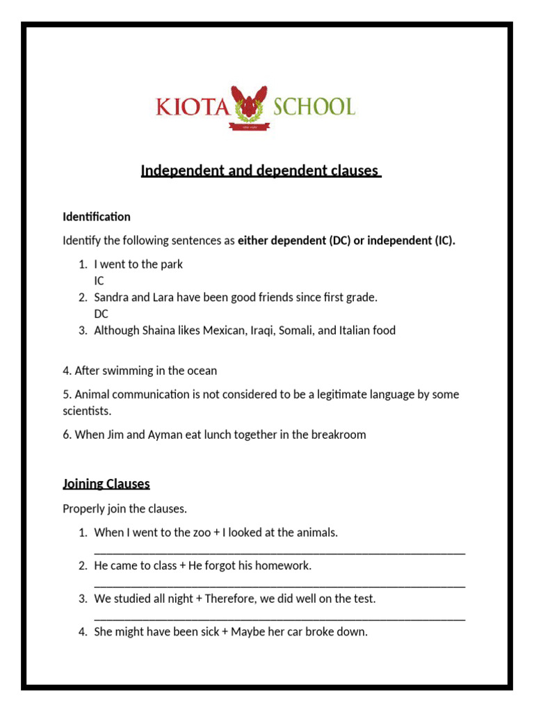 Independent and Dependent Clauses-Worksheet | PDF
