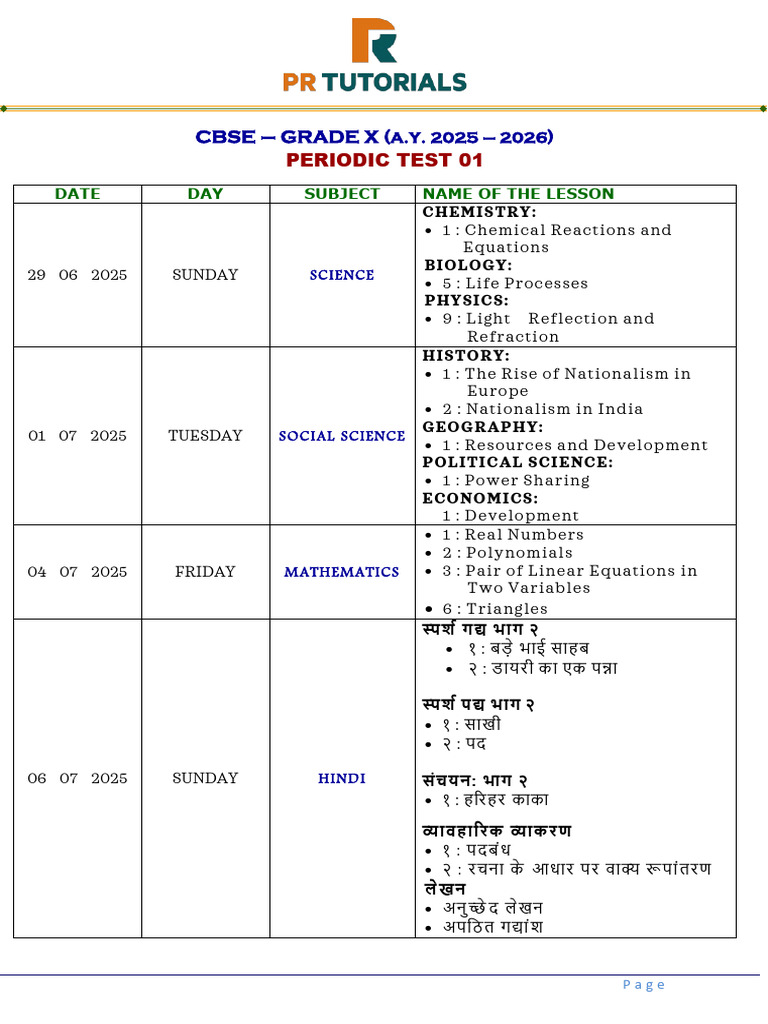 CBSE Grade X Periodic Test Schedule | PDF | Mathematics | Algebra