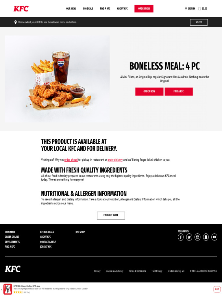 KFC Menu - Buckets For One 4 Piece Boneless Meal | PDF | Cooking | Food ...
