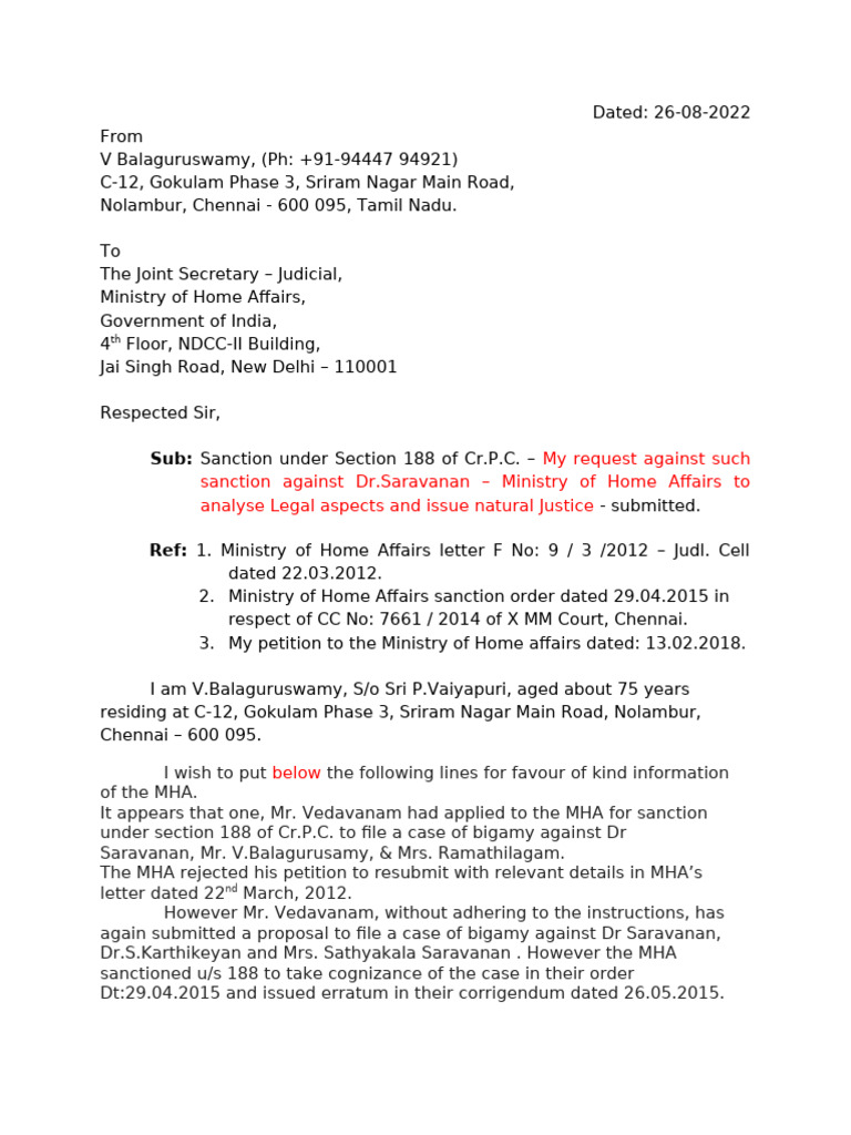 2022.08.26-MHA - No Sanction U-S 188 Vedavan | PDF | Divorce | Public Law
