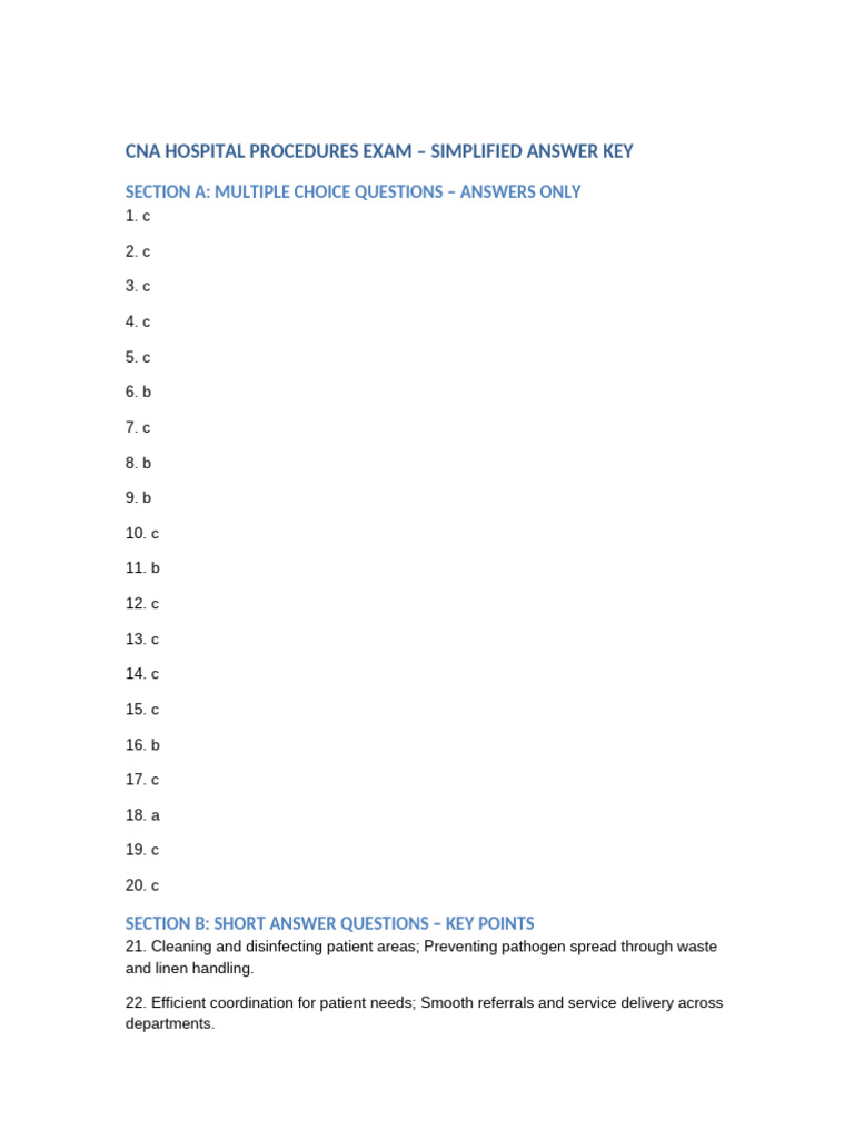 CNA Hospital Procedures Simplified Answer Key | PDF