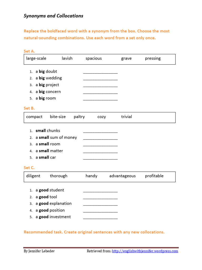 Synonyms and Collocations - Handout - Ewj 1 | PDF