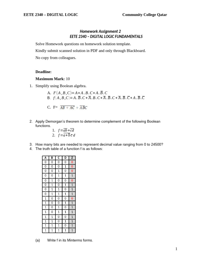 Homework Assignment 2 - EETE 2340 Edit 2 | PDF | Boolean Algebra ...