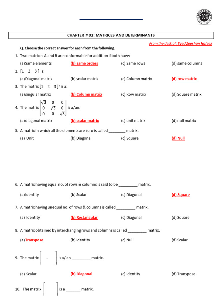 MCQs on Matrices with Answers | PDF | Matrix (Mathematics) | Functions ...