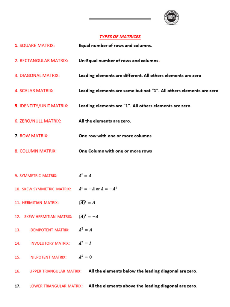 XI Maths TYPES OF MATRICES | PDF