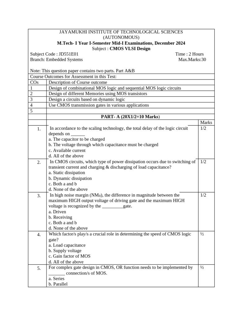 CMOS VLSI Design Mid Question Paper - I | PDF | Cmos | Logic Gate