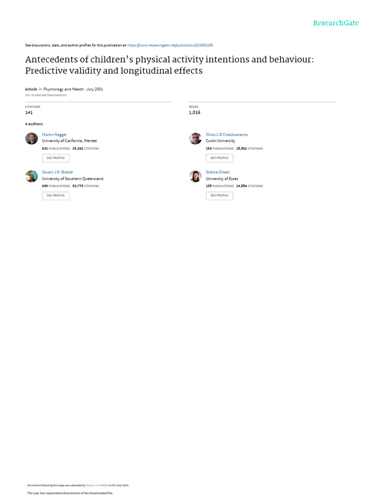 Antecedents of Childrens Physical Activity Intent | PDF | Attitude (Psychology) | Questionnaire