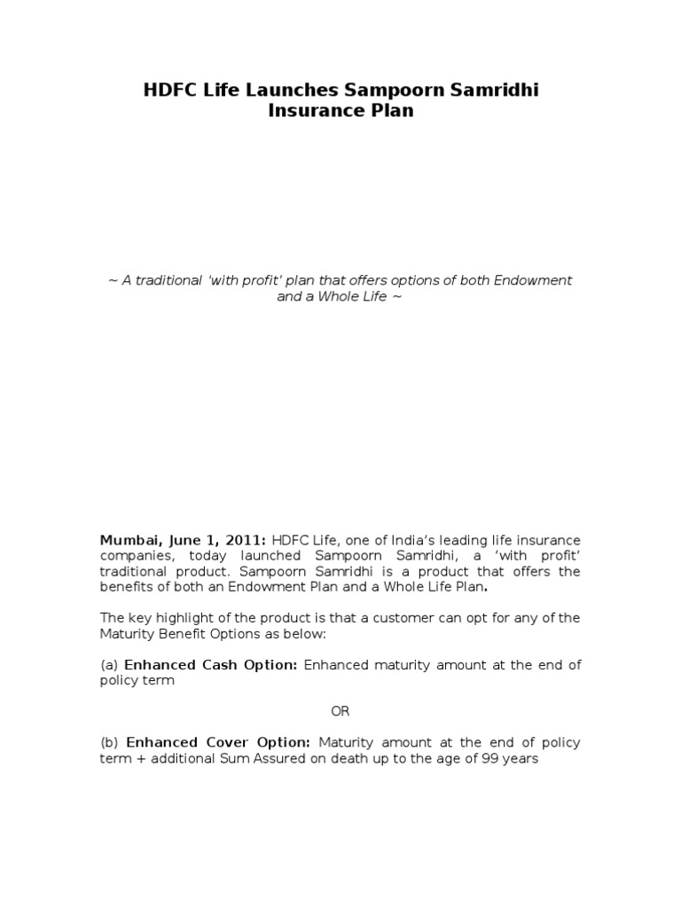 HDFC Life Launches Sampoorn Samridhi Insurance Plan | Download Free PDF ...