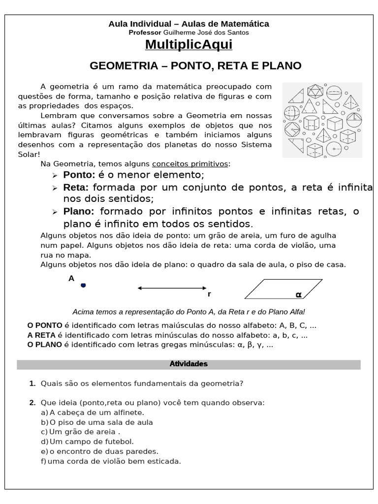 Aula Particular - Ponto Reta e Plano. | PDF | Linha (Geometria) | Geometria