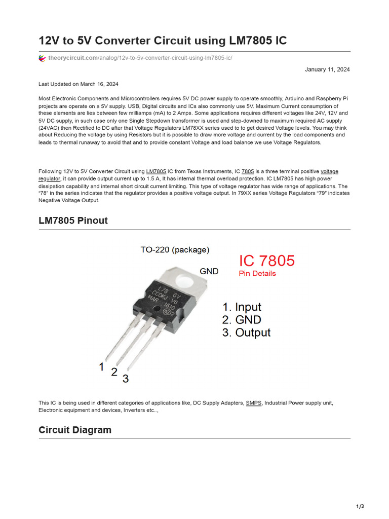12V To 5V Converter Circuit Using LM7805 IC | PDF | Power Supply ...