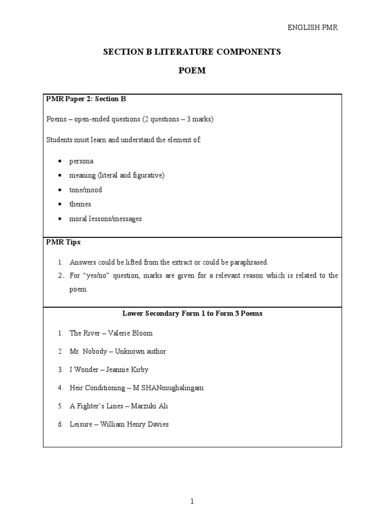 English PMR Poem Exercise | PDF | Poetry