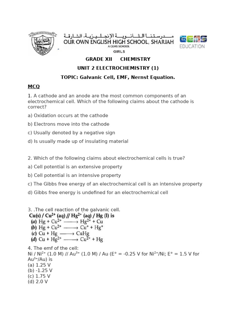 Unit 2 Electrochemistry Weekly W S | PDF | Electrochemistry ...