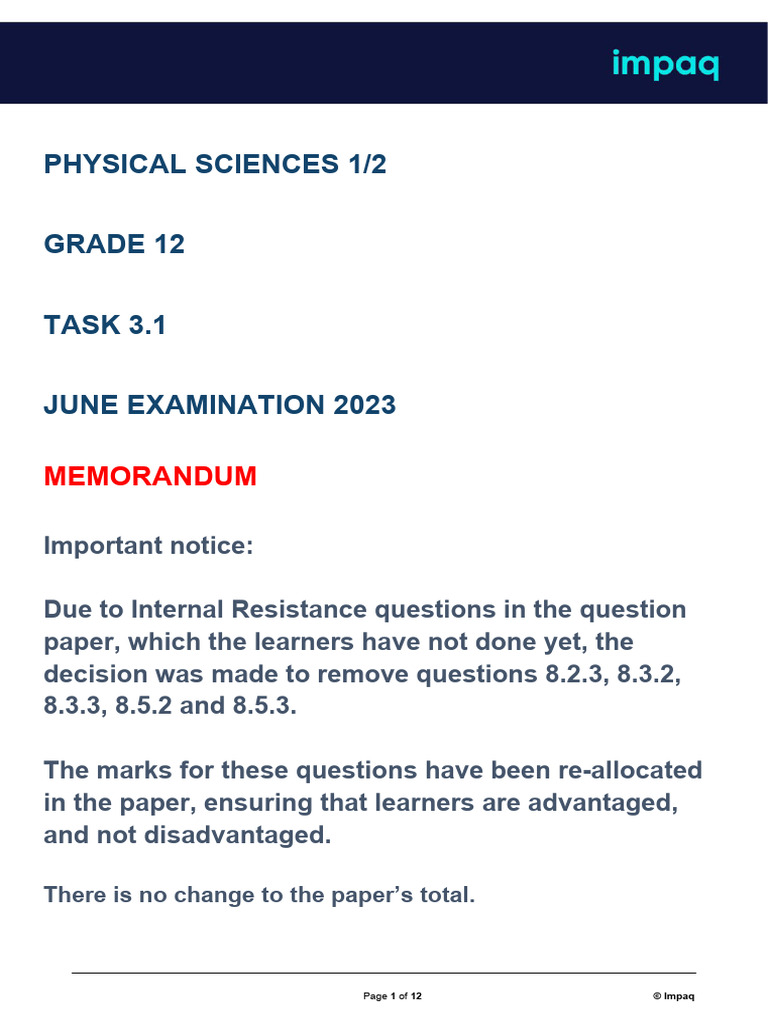 Grade 12 Physical Sciences June 2023 Memo | PDF | Force | Collision