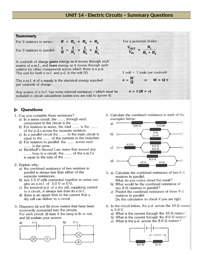 Electric Circuits Summary 2 Worksheet | PDF