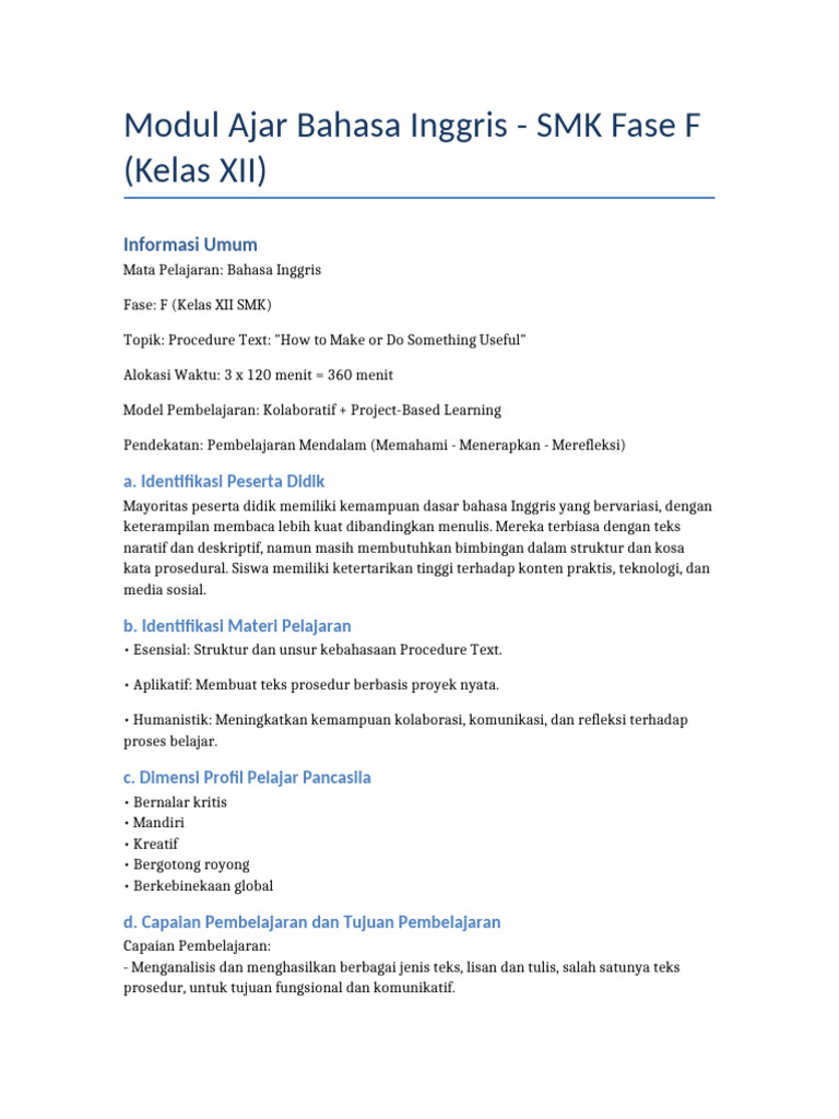 Modul Ajar Procedure Text SMK Kelas XII | PDF
