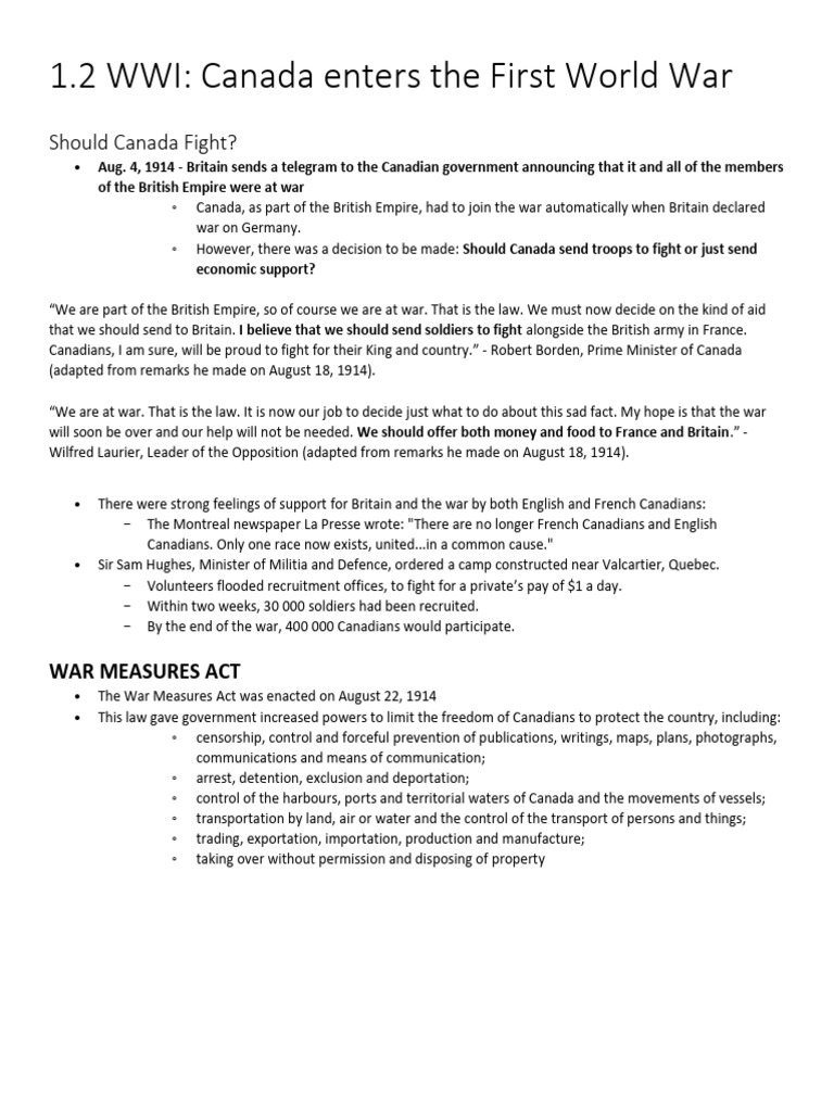 NOTE - 1.2 WWI - Canada Enters The First World War | PDF | Canada ...