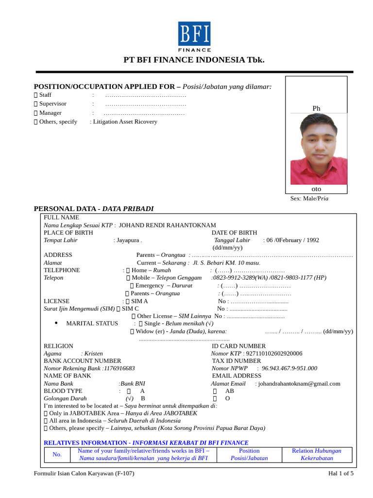 Formulir Calon Karyawan BFI | PDF