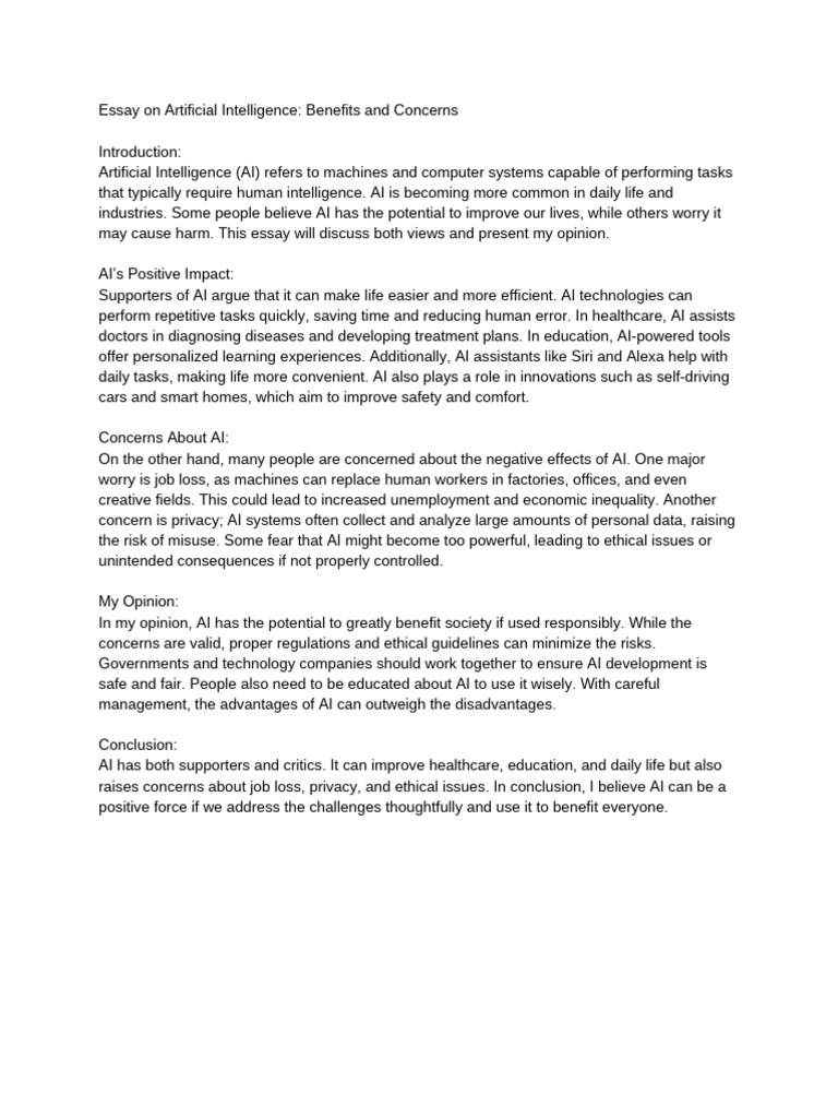 Essay On Artificial Intelligence - Benefits and Concerns | PDF