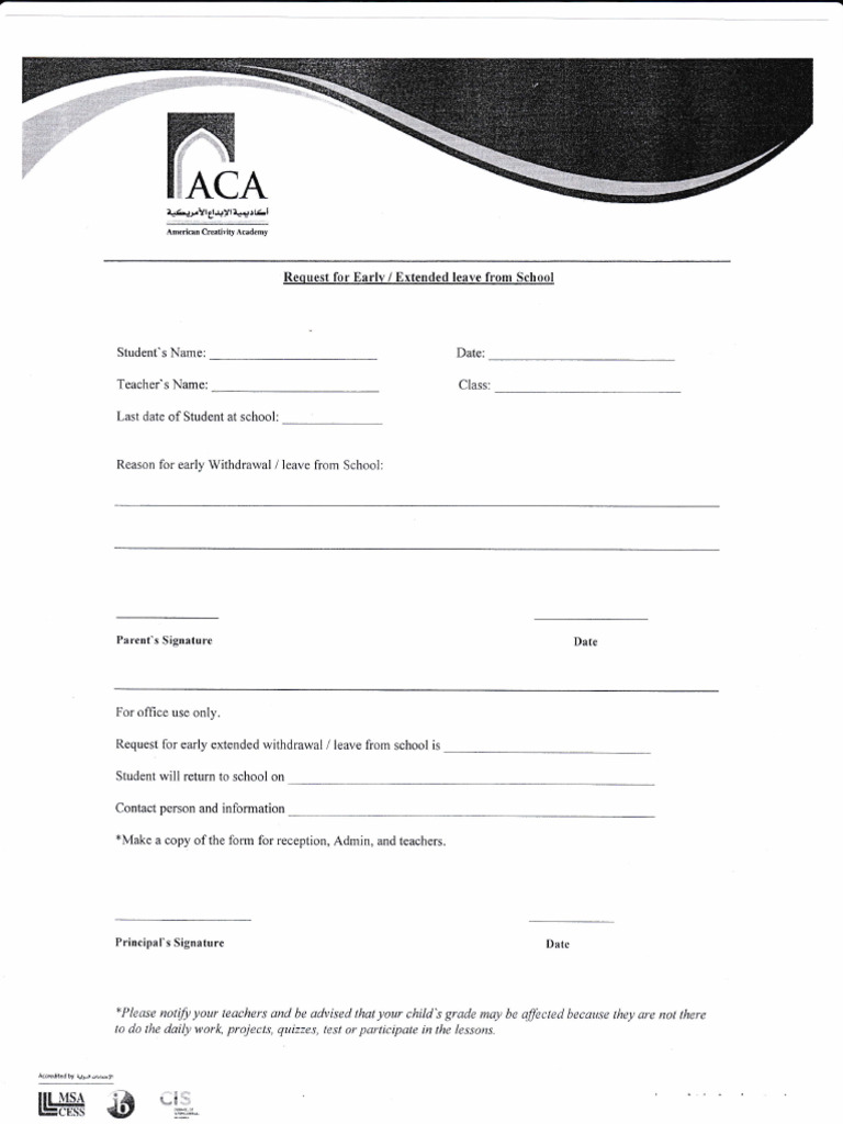 Request For Early Extended Leave From School | PDF