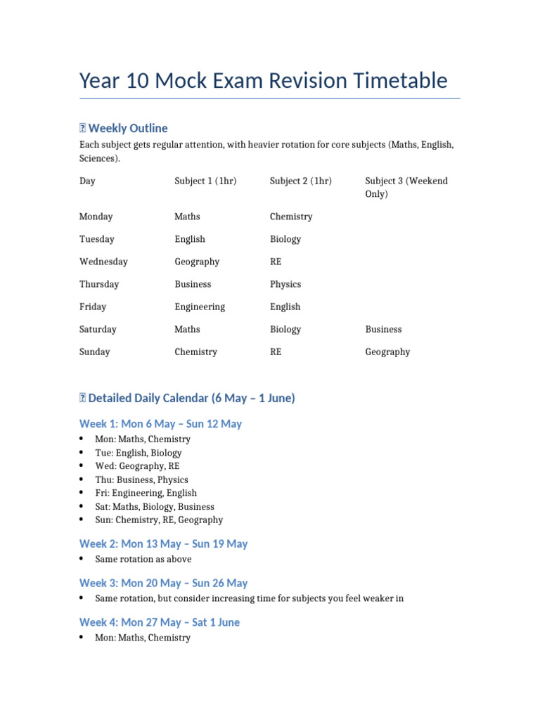 Year 10 Revision Timetable | PDF
