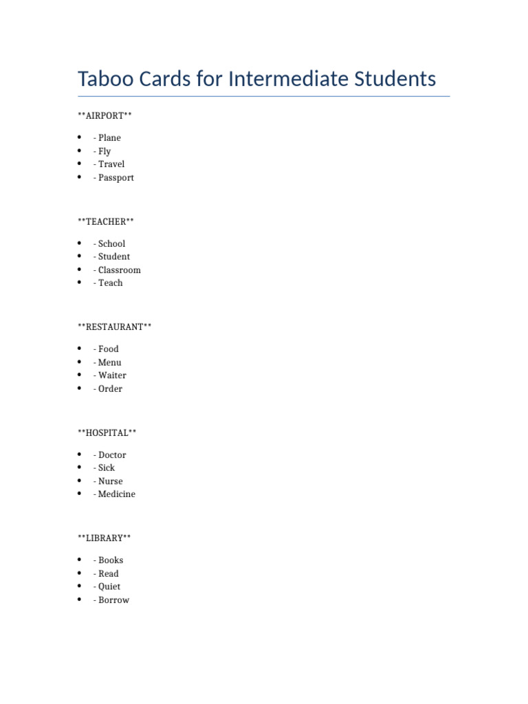 Taboo Cards Intermediate | PDF