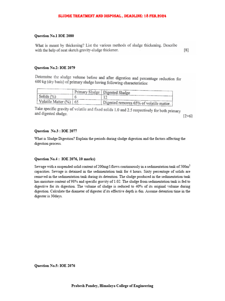 Tutorial - Assignment-7 (Sludge Disposal and Treatment) | PDF