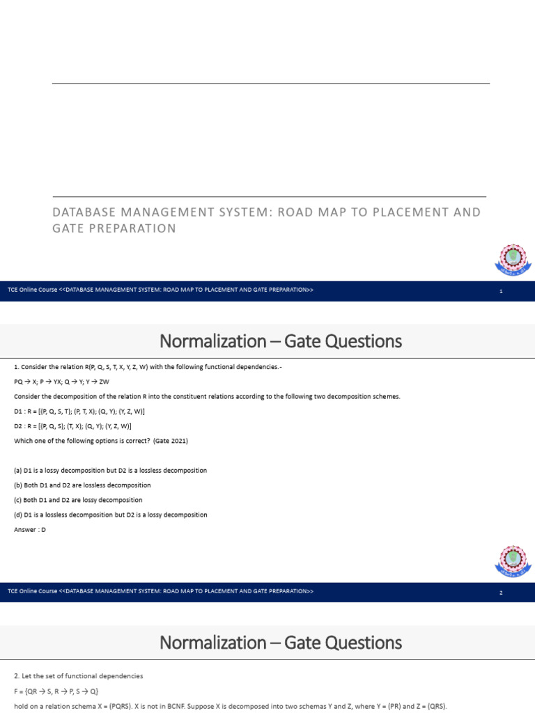 3.4 Gate Questions On Normalization Part - II | PDF | Data Model | Computer Data