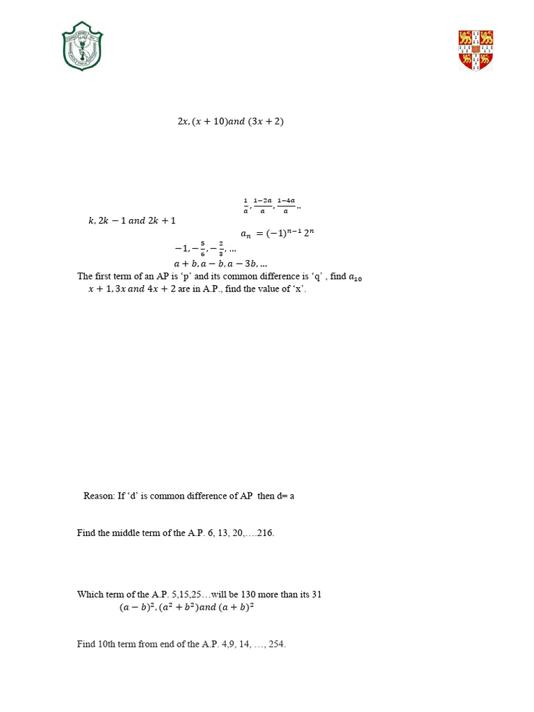 QB - Arithmetic Progression Upto Mid Term Exam | PDF | Mathematics
