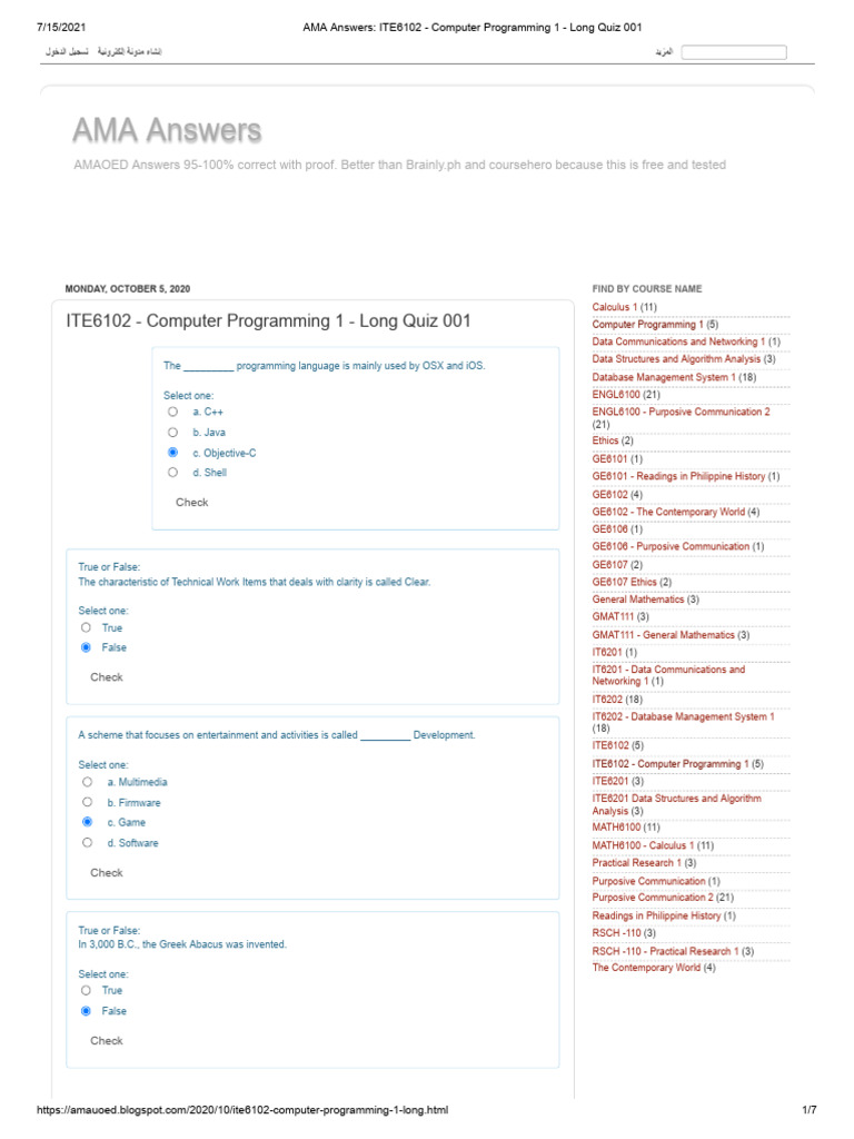 ITE6102 Computer Programming Quiz 001 | PDF | Computer Programming ...