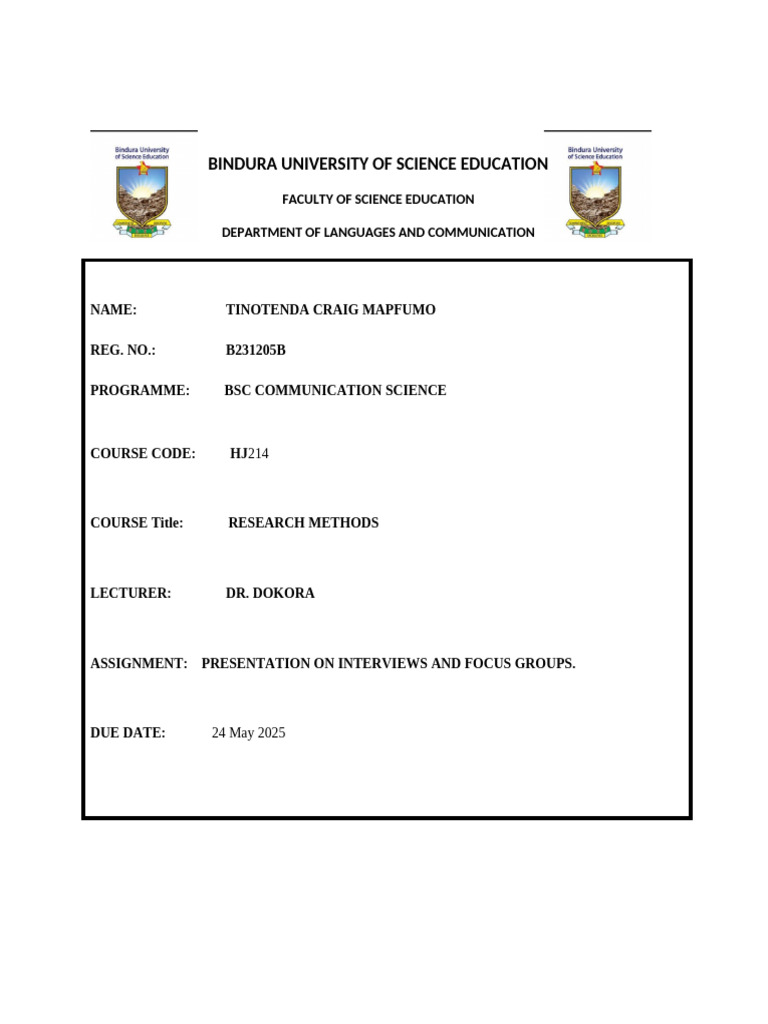 Interviews and Focus Groups Presentation Write Up Tinotenda Craig Mapfumo Research | PDF | Focus ...