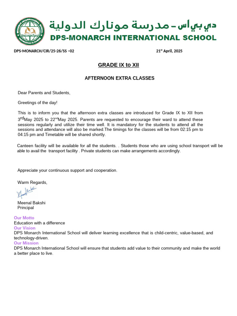 Afternoon Extra Classes for Grades IX-XII | PDF