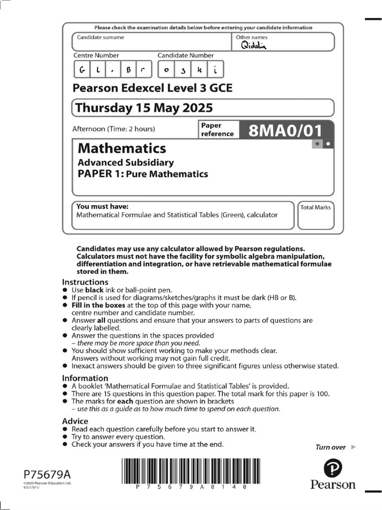 As 2025 Pure Maths Edexcel Qidalia WS - Compressed | PDF