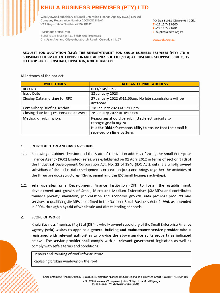 RFQ 0053 - Request For Quotation (RFQ) Reinstatement Nothern Cape | PDF ...