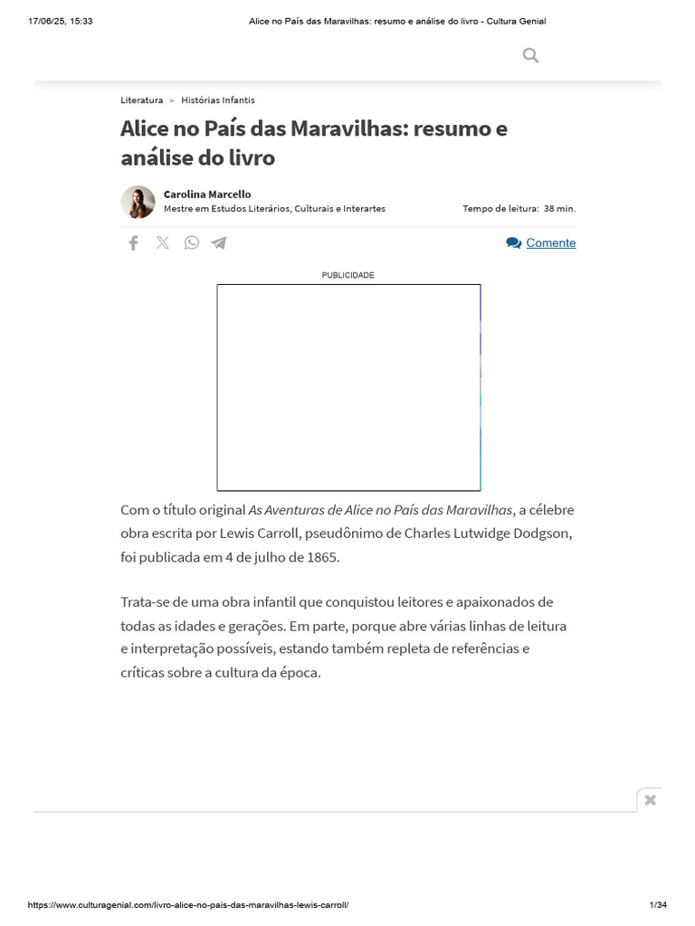 Alice No País Das Maravilhas - Resumo e Análise Do Livro - Cultura Genial | PDF | Alice no País ...