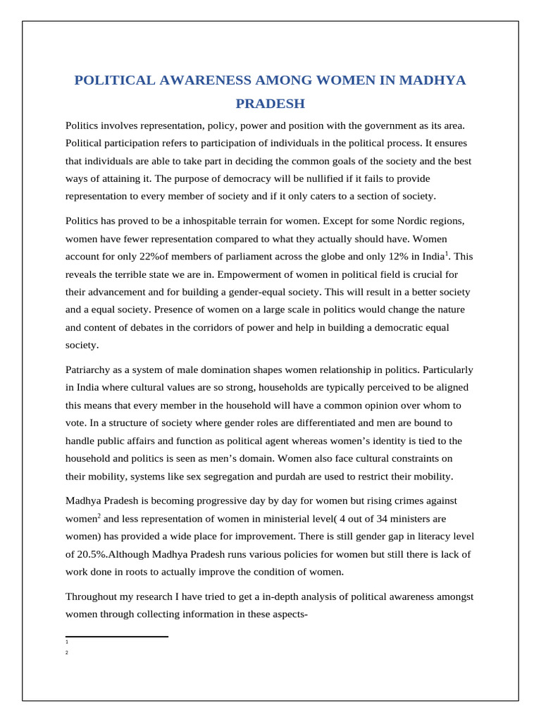 Political Awareness Among Women in Madhya Pradesh | PDF | Society ...