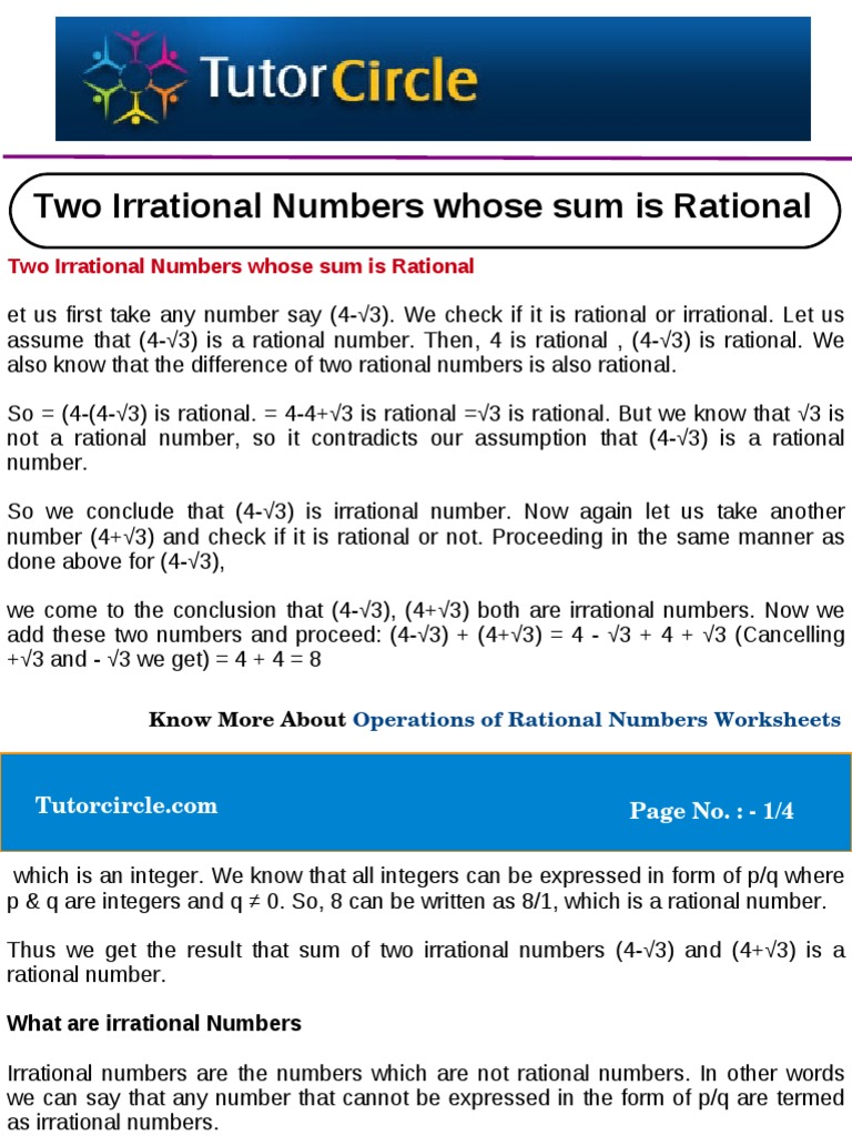 Two Irrational Numbers Whose Sum Is Rational | PDF | Numbers | Fraction (Mathematics)