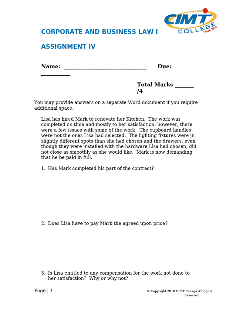 Corporate and Business Law I Assignment IV | PDF