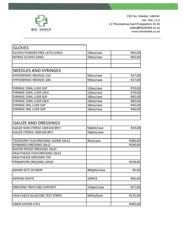 Bio Shield Price List Individual | PDF | Medical Equipment | Hygiene