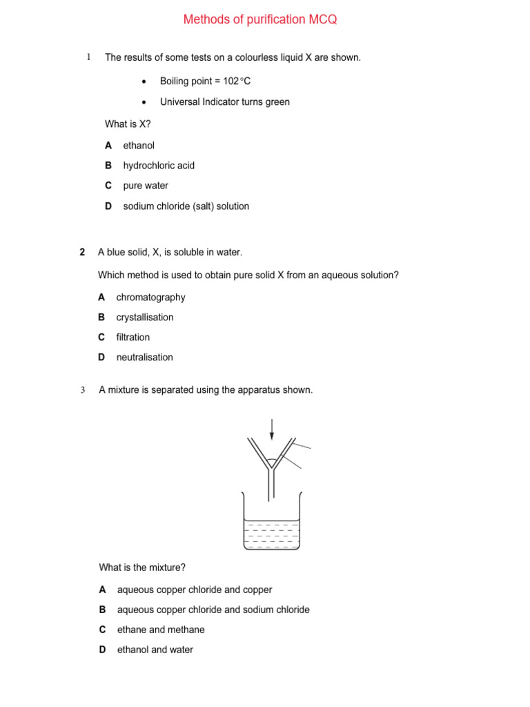 Methods of Purification (Multiple Choice) QP | PDF | Ethanol | Filtration